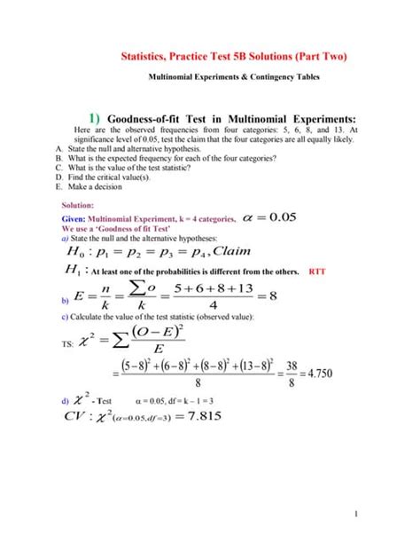Practice Test 5b Multinomial Experiments And Contingency Tables
