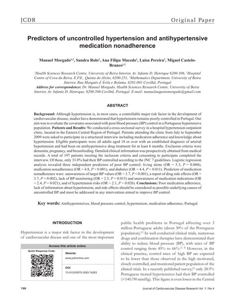 Pdf Predictors Of Uncontrolled Hypertension And Antihypertension