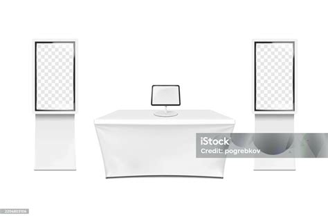 전시 세트 템플릿입니다 브랜드 디자인을 위한 Tradeshow 빈 흰색 스트레치 커버 테이블 데스크탑 디지털 태블릿 스탠드 인터랙티브 터치 스크린 키오스크 플로어 스탠드