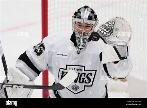 Los Angeles Kings Goaltender Darcy Kuemper Stops The Puck During The