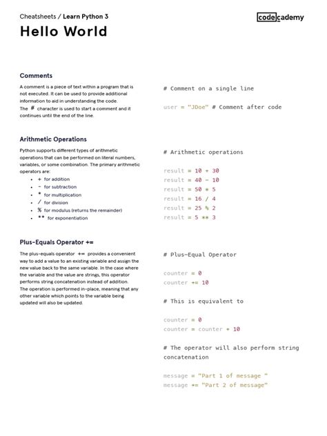 Learn Python 3 Hello World Cheatsheet Codecademy Pdf Numbers