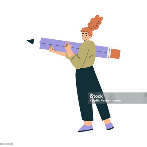 여자 캐릭터 와 거대한 연필 로서 생산적인 팀 구성원 벡터 일러스트 레이 션 개념에 대한 스톡 벡터 아트 및 기타 이미지