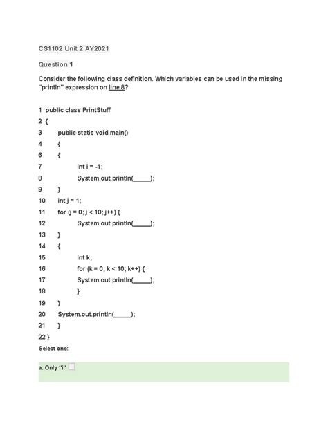 Unit 2 Quiz Cs1102 Ay2021 Cs1102 Unit 2 Ay Question 1 Consider The Following Class Definition