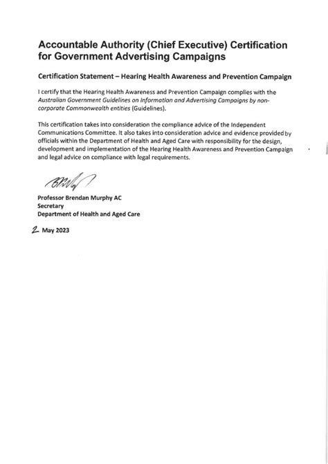 Certification Statement Hearing Health Awareness And Prevention Campaign Australian