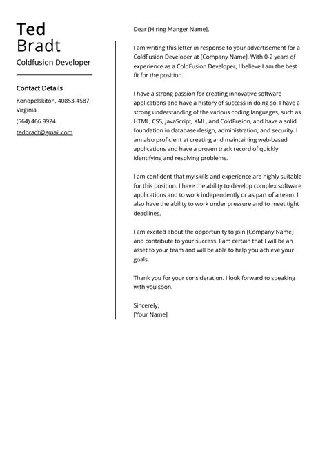 Coldfusion Developer Cover Letter Example For 2023 Skills And Templates