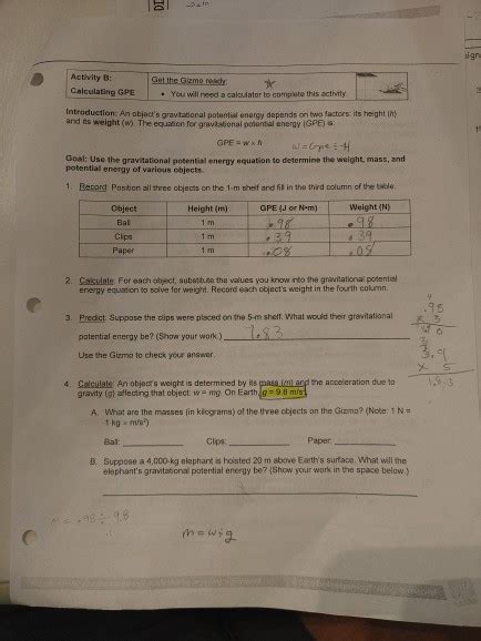 Solved Di Sign Activity B Get The More Calculating Gpe