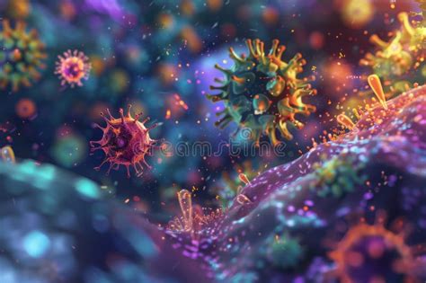 Detailed Vibrant Illustration Of Viruses Invading Human Cells Under The Microscope Highlighting