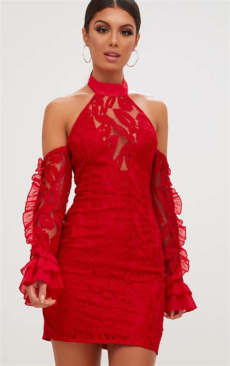 Red Lace Halterneck Frill Sleeve Bodycon Dress Prettylittlething Ie