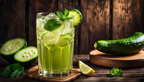 Green Cucumber Lemonade On The Brown Wooden Background Premium Ai Generated Image