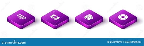 Set Isometric Password Protection Laptop With Exclamation Mark House Under And Safe Icon