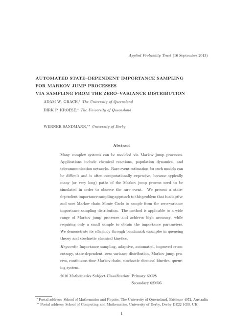 Pdf Automated State Dependent Importance Sampling For Markov Jump Processes Via Sampling From