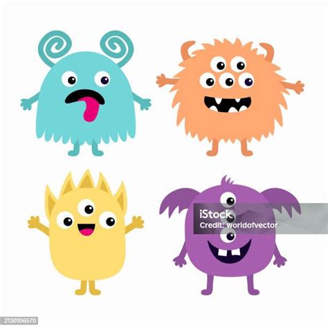 몬스터 세트 즐거운 할로윈 보내세요 다양한 감정을 가진 다채로운 몬스터 웃는 얼굴 머리 만화 Kawaii Boo 아기 캐릭터 유치한 컬렉션 흰색 배경입니다 플랫 디자인 개체