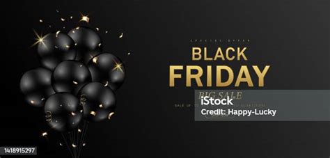 블랙 프라이데이 세일 배너 디자인은 검은 배경에 풍선 무리와 함께 벡터 일러스트레이션 블랙프라이데이에 대한 스톡 벡터 아트 및