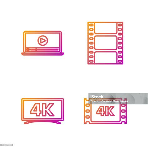 세트 라인 4k 영화 테이프 프레임 4k 울트라 Hd 비디오 기술이 적용된 스크린 Tv 온라인 재생 비디오 및 비디오 재생 그라데이션 색상 아이콘입니다 벡터 4k해상도에