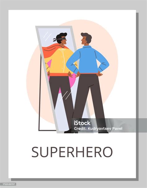 젊은 흑인 남자가 거울을 보고 그가 마스크와 망토 벡터 긍정적인 만화 포스터를 입은 용감한 슈퍼히어로라고 상상해 보세요 오만함에 대한 스톡 벡터 아트 및 기타 이미지