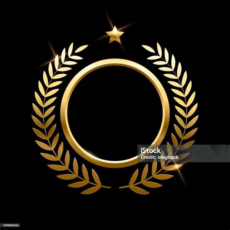 금색 둥근 프레임 별과 올리브 잎 벡터 그림에서 원형 화환 사실적인 3d 황금 기념일 메달 검은 배경에 분리된 조명 효과가 있는 우승자 인증서 올리브 나무에 대한 스톡 벡터
