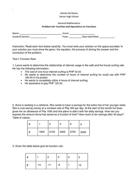 Problem Set 10 Functions And Operations On Functions Pdf Function Mathematics Mathematics