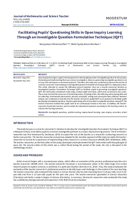 Pdf Facilitating Pupils Questioning Skills In Open Inquiry Learning Through An Investigable