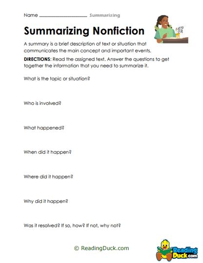 Summarizing Worksheets Reading Skills Reading Duck Com