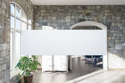 아치형 창문과 미니멀한 인테리어 거실 디자인이 있는 호화로운 로프트 아파트에 서 있는 공중에 떠 있는 검색 상자 3d 일러스트레이션 0명에 대한 스톡 사진 및 기타 이미지