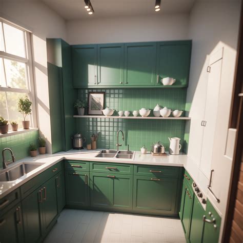 싱크대와 창문이 있는 녹색 주방이 있습니다 Seaart Ai