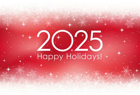 2025 해피 홀리데이와 새해 벡터 인사말 카드 와 눈송이 빨간 배경 2025년에 대한 스톡 벡터 아트 및 기타 이미지 2025년 즐거운 연말연시 되세요 문구 12월
