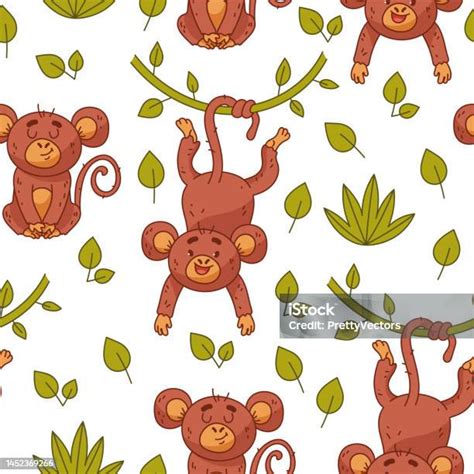 원숭이 캐릭터 정글 숲 스타일의 매끄러운 패턴 개념 벡터 그래픽 디자인 그림 요소 과일에 대한 스톡 벡터 아트 및 기타 이미지