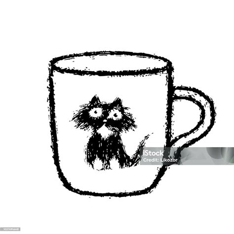 고양이 스티커와 함께 커피 한잔입니다 벡터 일러스트입니다 벡터에 대한 스톡 벡터 아트 및 기타 이미지 벡터 애완고양이