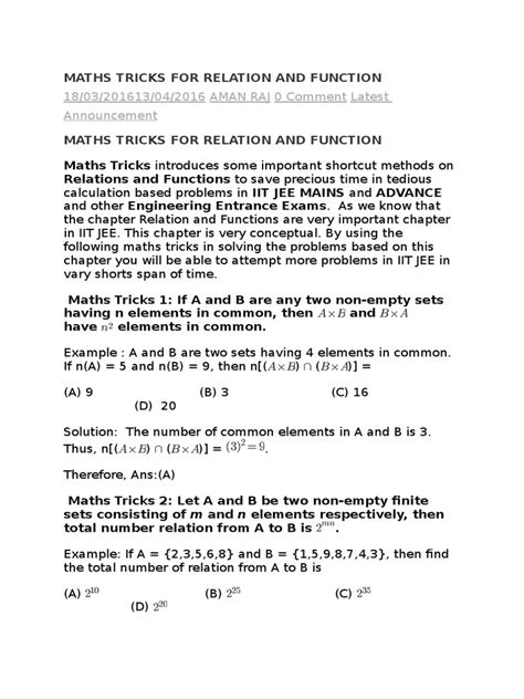 Maths Tricks For Relation And Function Pdf Function Mathematics Teaching Mathematics