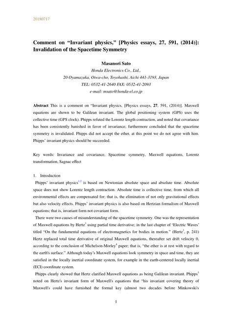 Pdf Comment On “invariant Physics ” [physics Essays 27 591 2014 ] Invalidation Of The