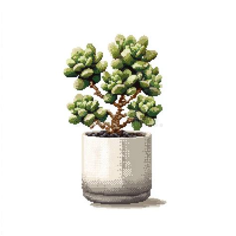 Pixel Art Succulent In Gray Pot On White Background Stock Illustration