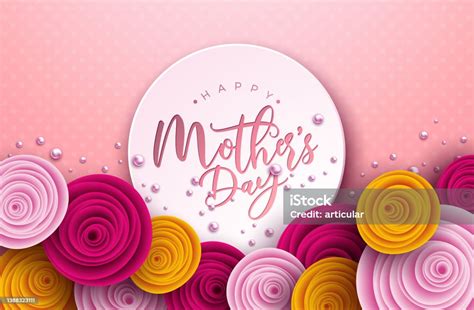 핑크 배경에 장미 꽃 진주와 타이포그래피 편지와 해피 어머니의 날 일러스트 인사말 카드 배너 전단지 초대 브로셔 포스터에 대한 벡터 축하 디자인 템플릿 어버이날에 대한 스톡