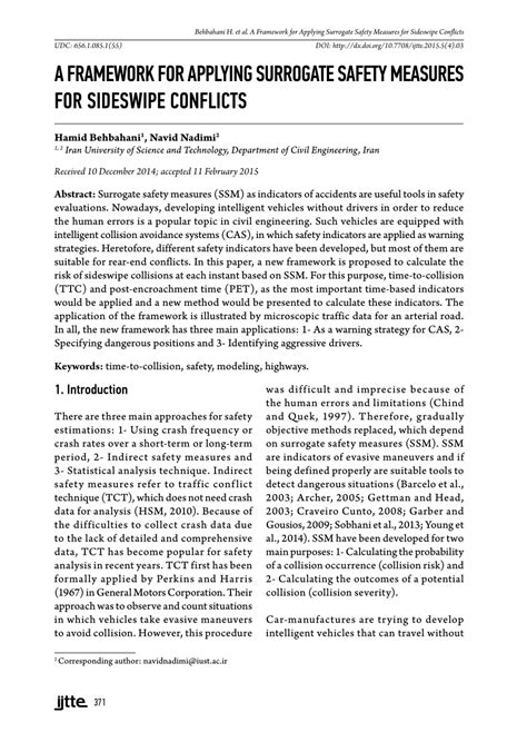 Pdf A Framework For Applying Surrogate Safety Measures For Sideswipe Conflicts