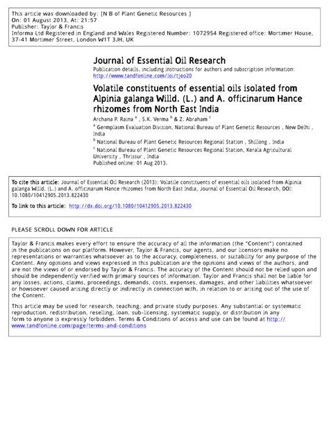 Pdf Volatile Constituents Of Essential Oils Isolated From Alpinia Galanga Willd L And A
