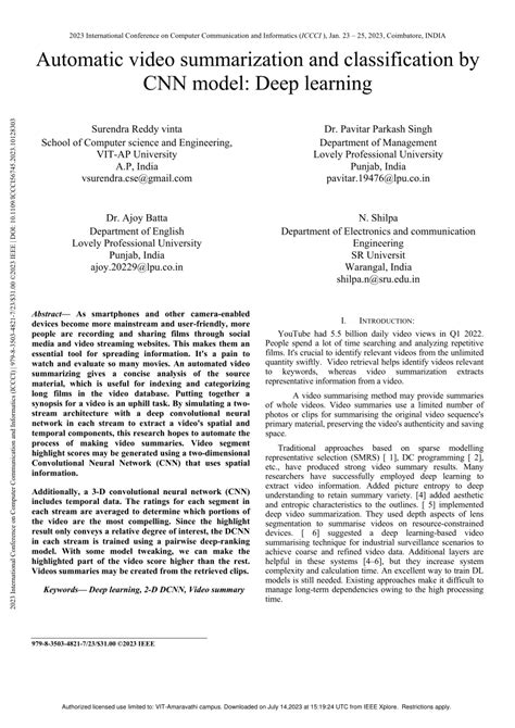 pdf automatic video summarization and classification by cnn model deep learning