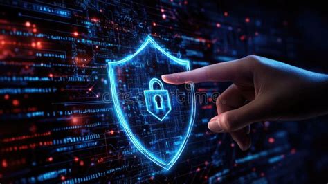 Securing Data Online Hand Touching A Glowing Shield With Padlock Stock