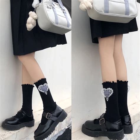 한국어 일본식 여성 로리타 코튼 늑골이있는 송아지 양말 달콤한 양상추 트림 3d 레이스 격자 무늬 러브 하트 학생 중반 튜브