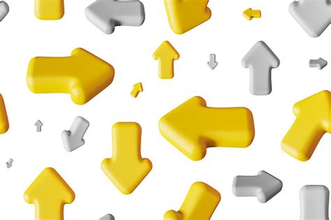 이 매끄러운 패턴은 대담한 노란색과 회색 화살표의 배열을 나타내며 대조되는 배경에 대한 방향과 움직임을 시각적으로 상징하여 역동성을 불러일으킵니다 3차원 형태에 대한 스톡