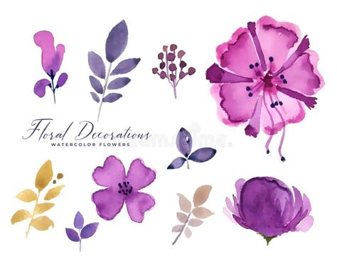 Purple Watercolor Flower Decoration Set Stock Vector Illustration Of