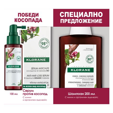 Klorane Шампоан с хинин и органичен еделвайс 200 мл Серум против косопад 100 мл на ТОП цена