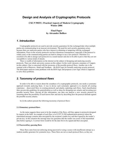 Design And Analysis Of Cryptographic Protocols