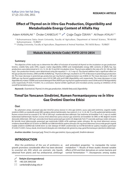 Pdf Effect Of Thymol On In Vitro Gas Production Digestibility And Metabolizable Energy