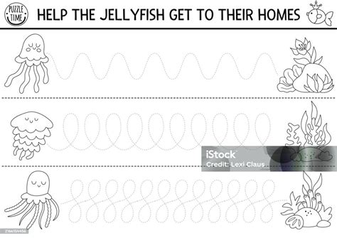 벡터 손글씨 연습 워크시트 와 해파리와 해초 집 미취학 아동을 위한 바다 왕국 인쇄 가능한 흑백 활동 추적 게임 쓰기 기술을