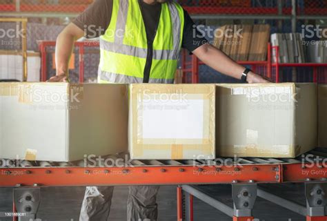 롤러 컨베이어 벨트에 분류 골판지 상자 상자를 창고로 옮기는 작업자 우편물실에 대한 스톡 사진 및 기타 이미지 우편물실 갈색 공장 산업 건물 Istock