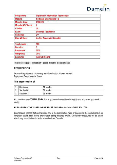 Software Engineering 1b Deffered Test Memo Pt Software Engineering 1b Test Page 1 Of 9