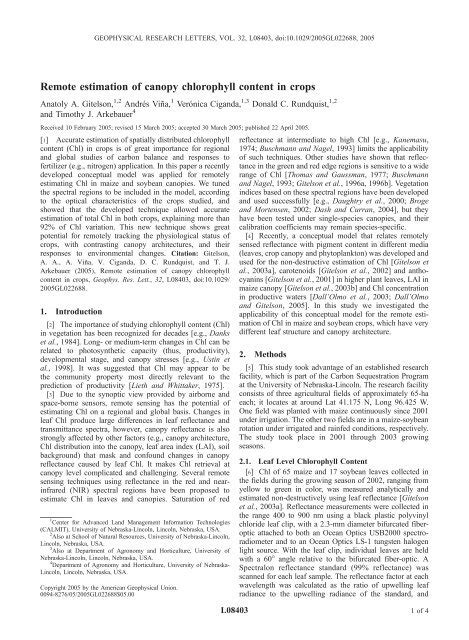Remote Estimation Of Canopy Chlorophyll Content In Crops Calmit