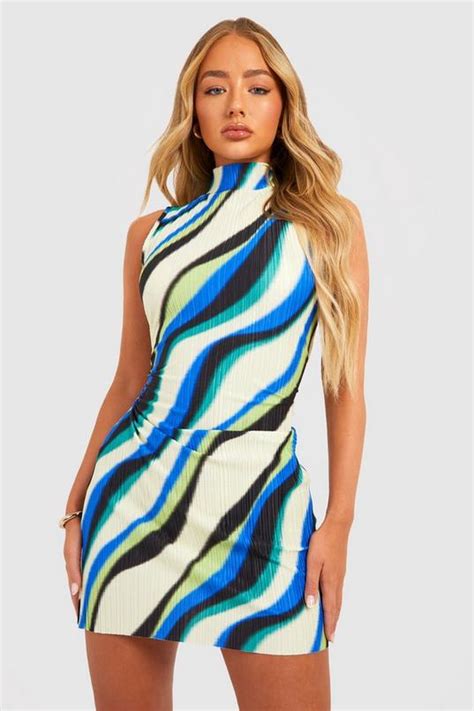 Abstract Plisse High Neck Mini Dress Boohoo Usa