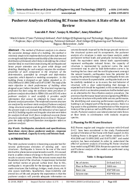 Pdf Pushover Analysis Of Existing Rc Frame Structure