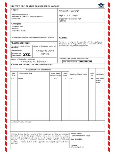 Shippers Declaration Column Format Fillable Pdf
