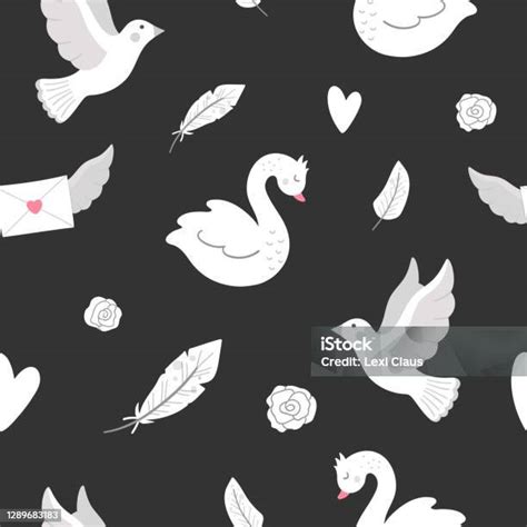 세인트 발렌타인 데이 기호와 벡터 원활한 패턴 귀여운 편지 장미 하트 깃털 비둘기 백조와 검은 색과 흰색 배경을 반복 사랑 컨셉의 장난스러운 2월 휴가 감촉 14에 대한